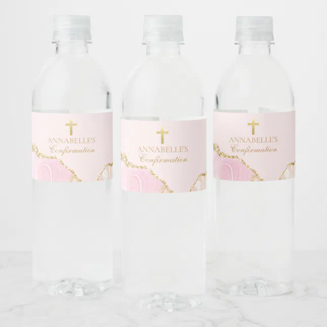 Elegant Confirmation Cross Pink Gold Agate Custom Water Bottle Label ...