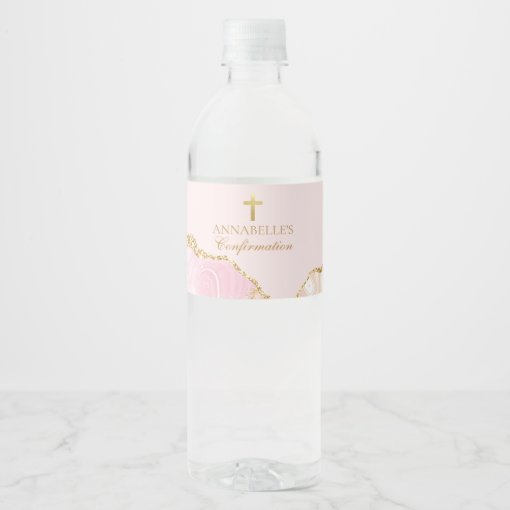 Elegant Confirmation Cross Pink Gold Agate Custom Water Bottle Label ...