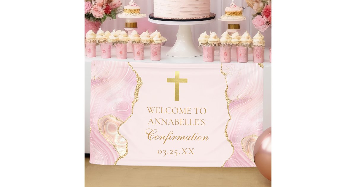 Elegant Confirmation Cross Pink Gold Agate Party Banner | Zazzle
