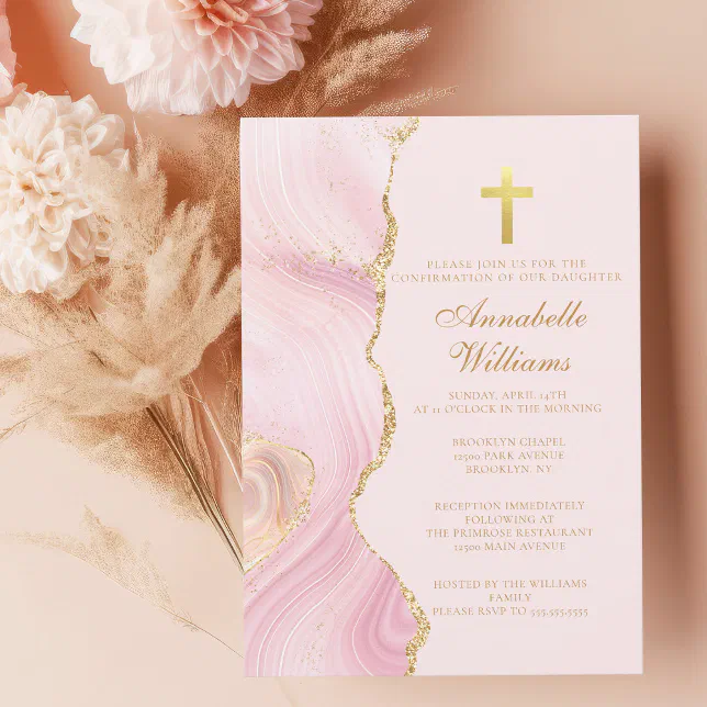 Elegant Confirmation Cross Pink Gold Agate Party Invitation | Zazzle