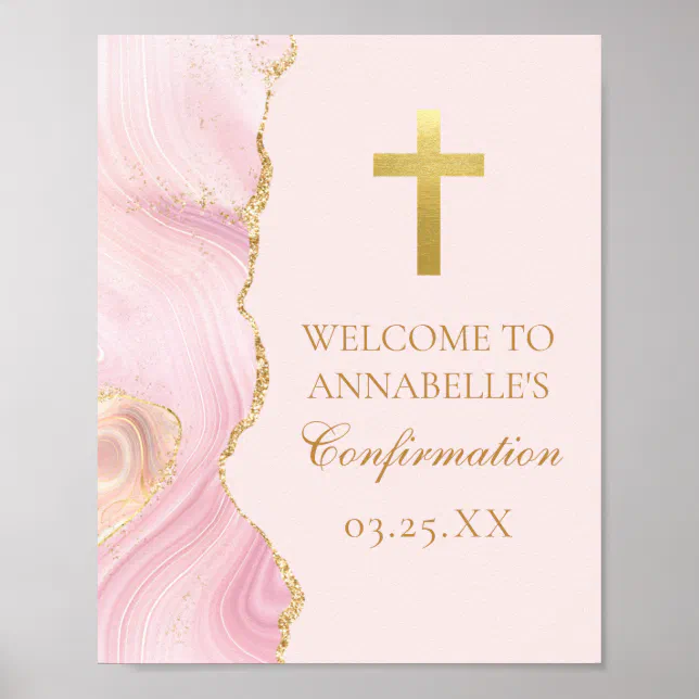 Elegant Confirmation Cross Pink Gold Agate Party Poster | Zazzle