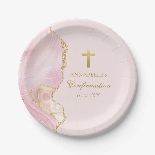 Elegant Confirmation Cross Pink Gold Custom Party Paper Plates | Zazzle