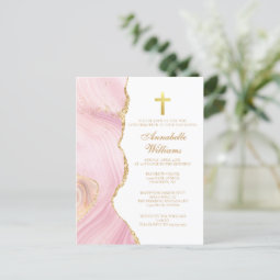 Elegant Confirmation Cross Pink Gold Invitatation Postcard | Zazzle