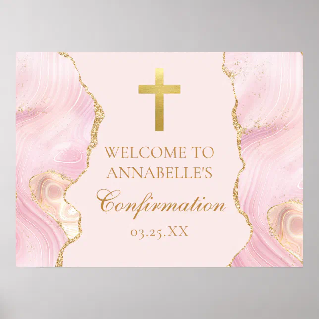 Elegant Confirmation Cross Pink Gold Welcome Party Poster | Zazzle