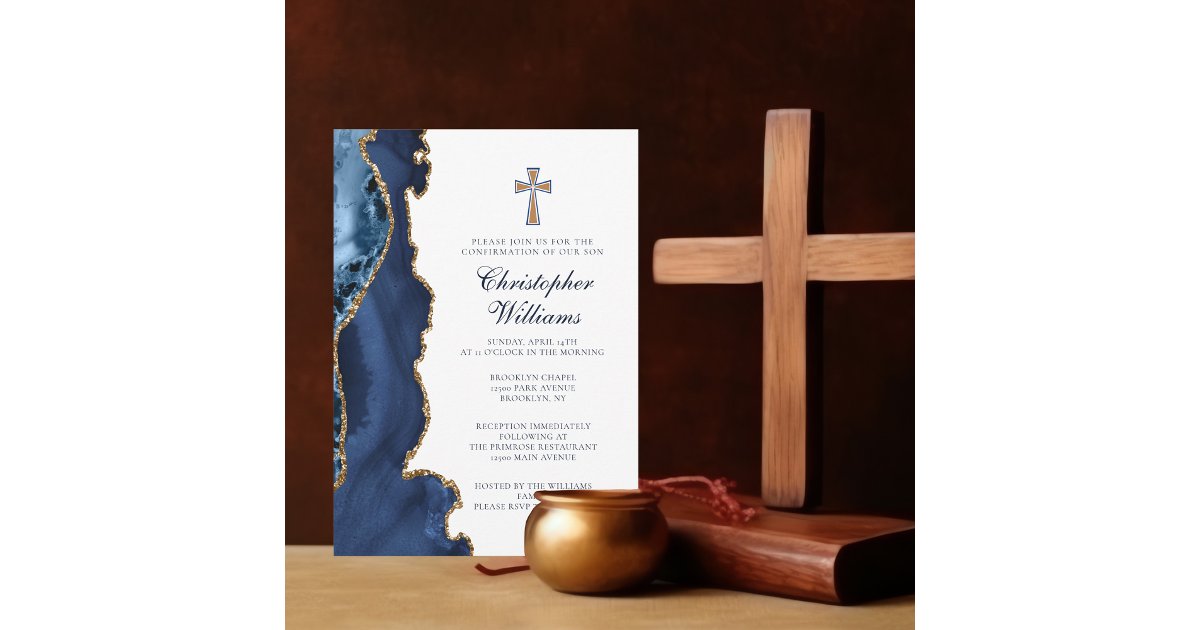 Elegant Confirmation Navy Blue Gold Agate Invitation | Zazzle