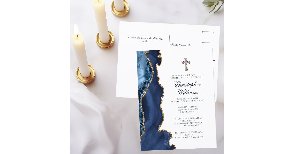 Elegant Confirmation Navy Blue Gold Invitation Postcard | Zazzle
