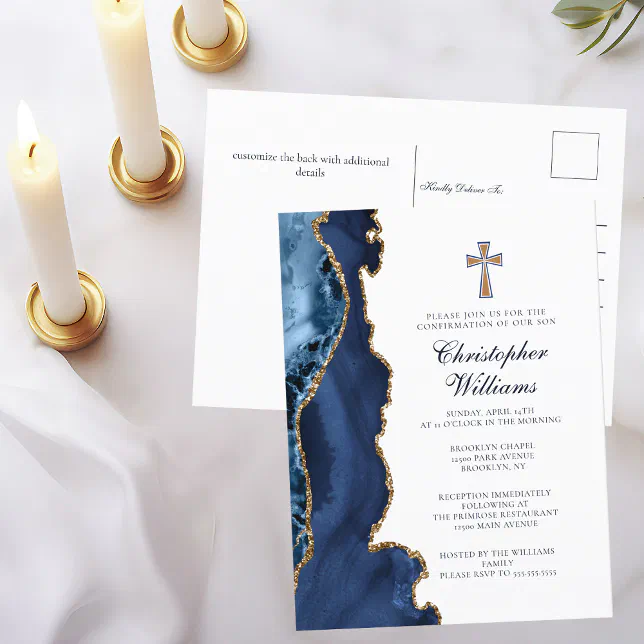 Elegant Confirmation Navy Blue Gold Invitation Postcard | Zazzle