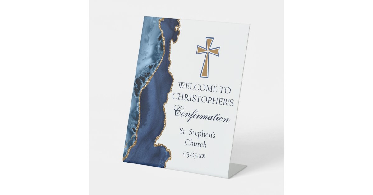 Elegant Confirmation Navy Blue Gold Welcome Pedestal Sign | Zazzle