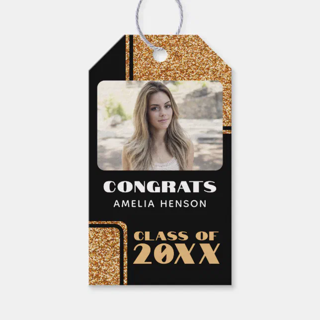 Elegant Congrats Graduate Gold Glitter Photo Gift Tags | Zazzle