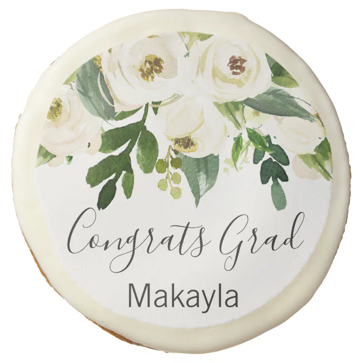 Elegant Congrats Greenery White Floral Graduation Sugar Cookie | Zazzle
