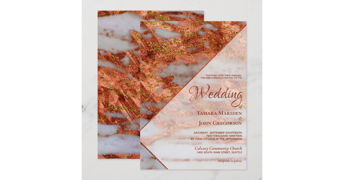 Elegant Copper Metallic Marble Geometric Wedding Invitation | Zazzle