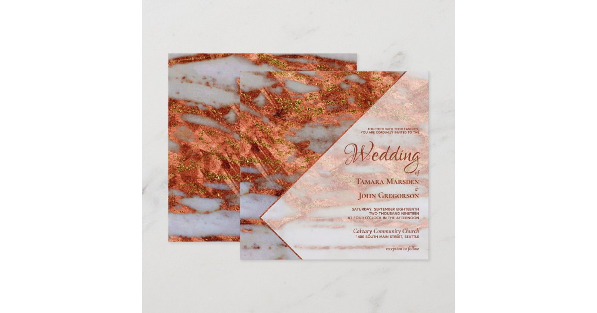 Elegant Copper Metallic Marble Geometric Wedding Invitation | Zazzle