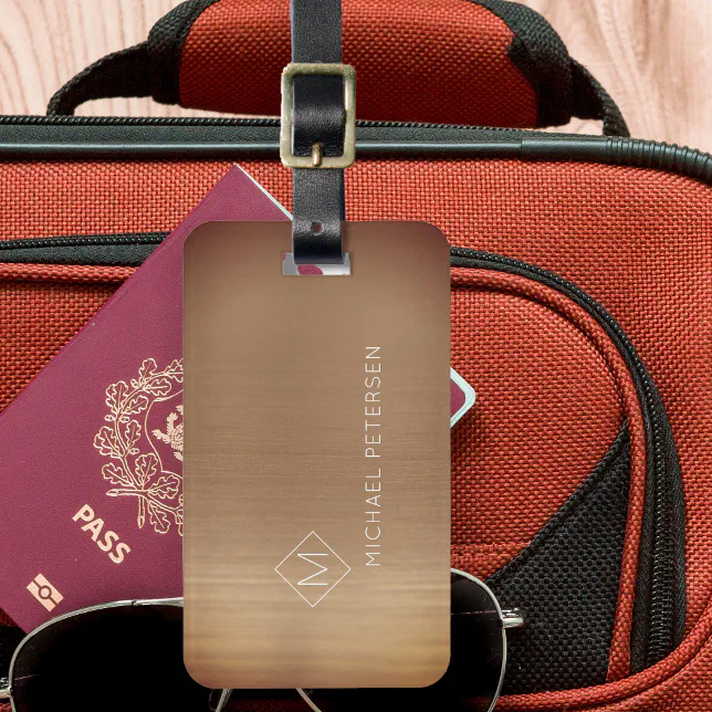 Elegant copper monogrammed name modern luggage tag | Zazzle