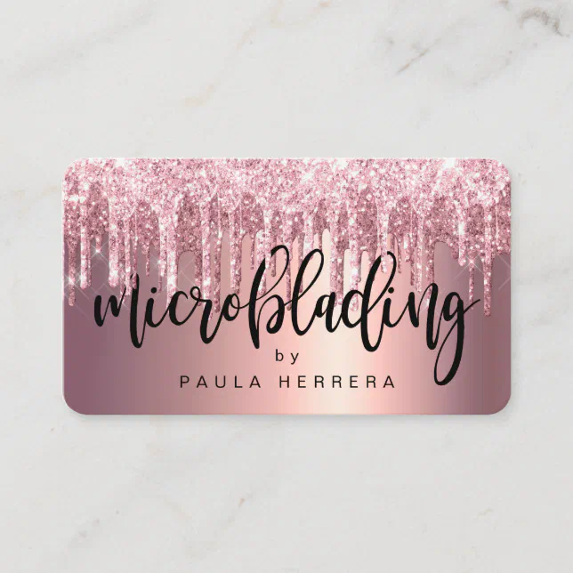 Elegant copper rose gold glitter drip microblading business card | Zazzle