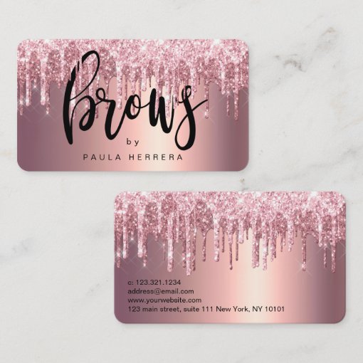 Elegant copper rose gold glitter drips brows business card | Zazzle
