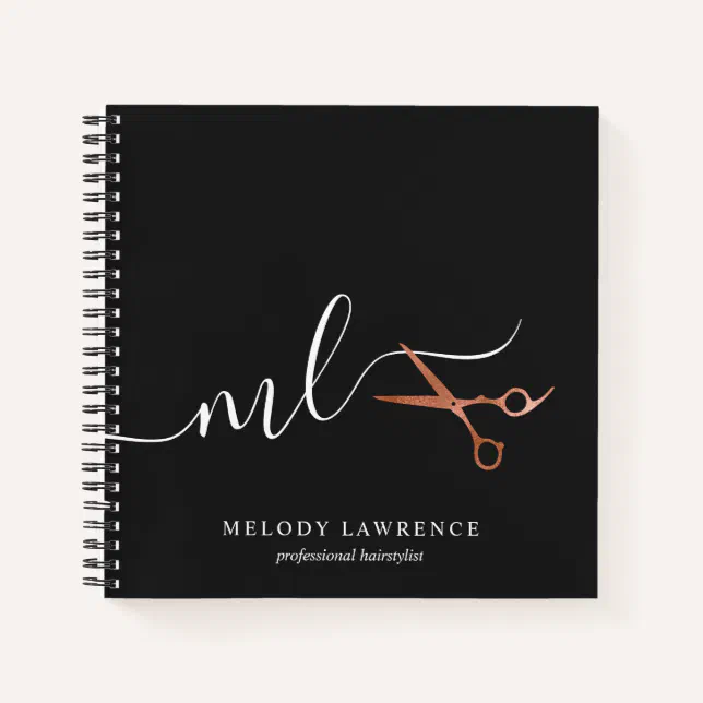 Elegant copper rose gold scissors hairstylist notebook | Zazzle