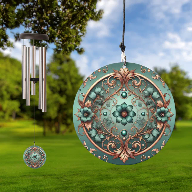 Elegant Copper Turquoise Round Floral Pattern Wind Chime | Zazzle