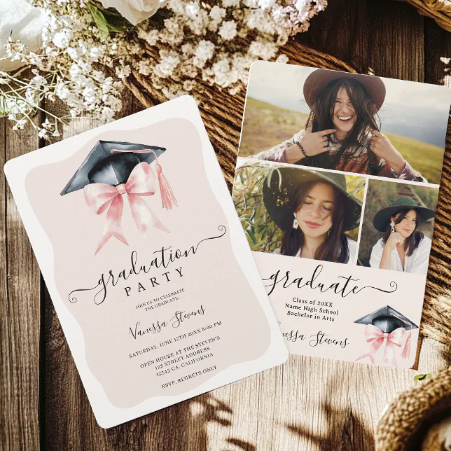 Elegant Coquette Bow Graduation 3 Photos Invitation | Zazzle