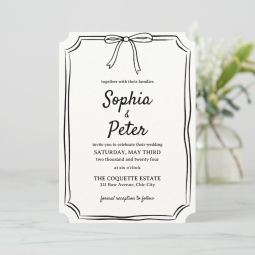 Elegant Coquette Hand-Drawn Bow Timeless Wedding Invitation | Zazzle