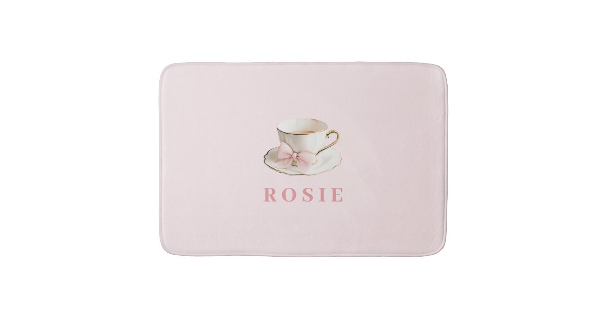 Elegant Coquette Preppy Pink Teacup with Bow Bath Mat | Zazzle