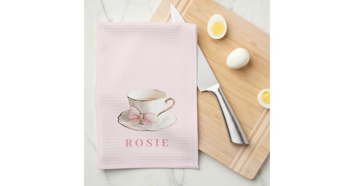 Elegant Coquette Preppy Pink Teacup with Bow Kitchen Towel | Zazzle