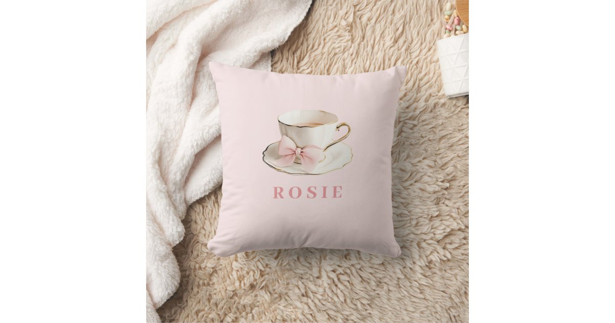Elegant Coquette Preppy Pink Teacup with Bow Throw Pillow | Zazzle