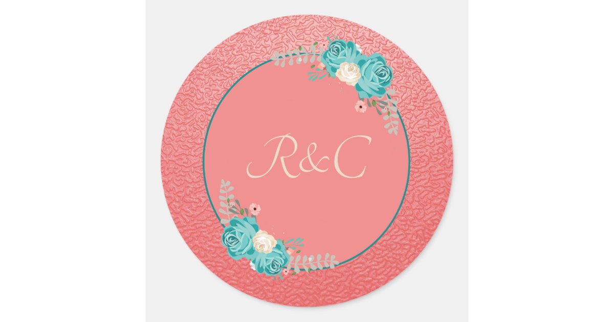 Elegant Coral Blue Flowers Classic Round Sticker | Zazzle