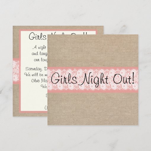 Elegant Coral Burlap Lace Girls Night Out Invite | Zazzle