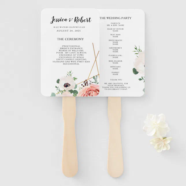 Elegant Coral Pink Flowers Wedding Program Custom Hand Fan | Zazzle