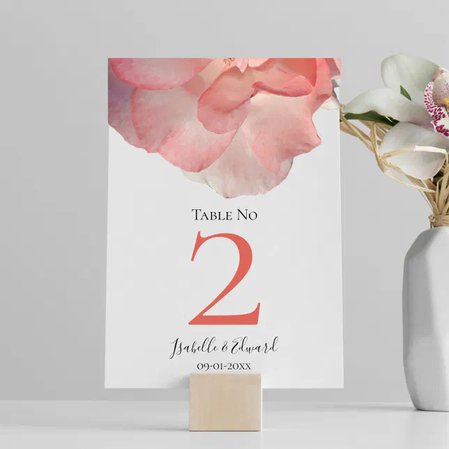 Elegant Coral Pink Rose Floral Wedding Table Number | Zazzle