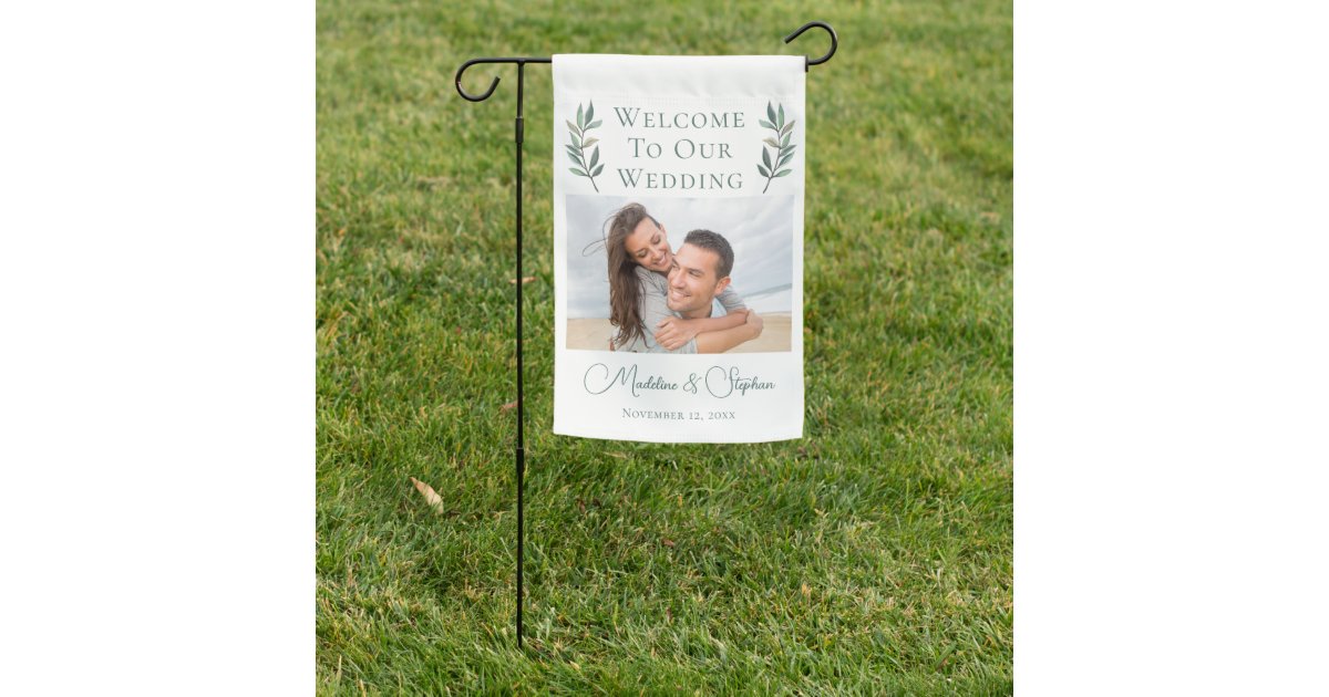 Elegant Couple Photo Green Leaf Botanical Wedding Garden Flag | Zazzle