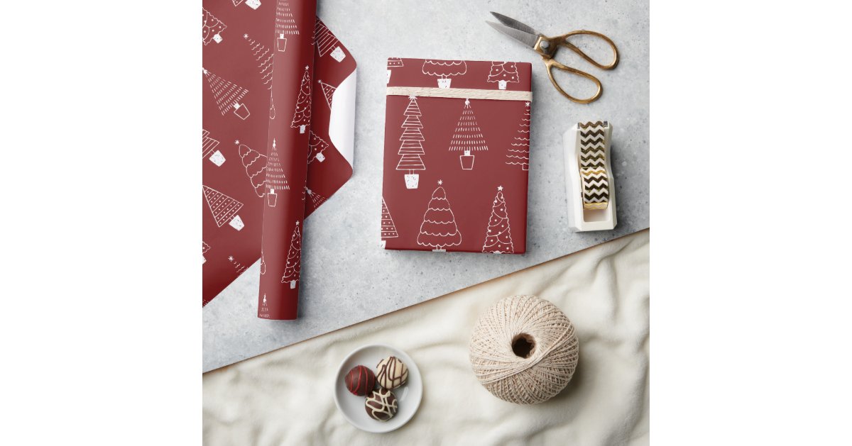 Elegant Cranberry Red Christmas Pine Tree Pattern Wrapping Paper | Zazzle