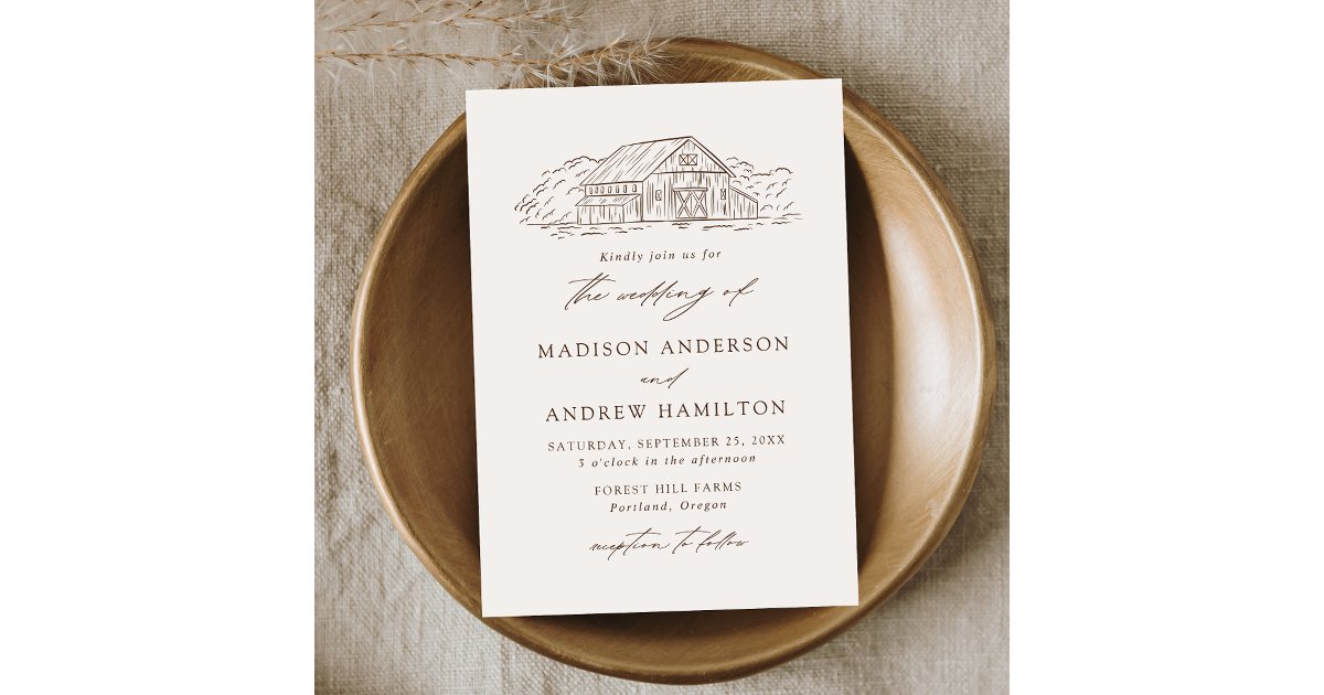 Elegant Cream and Brown Rustic Barn Wedding Invitation | Zazzle