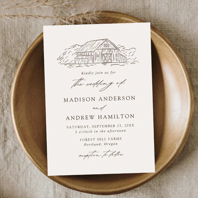 Elegant Cream and Brown Rustic Barn Wedding Invitation | Zazzle