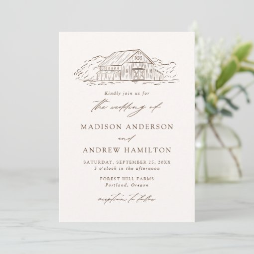 Elegant Cream and Brown Rustic Barn Wedding Invitation | Zazzle