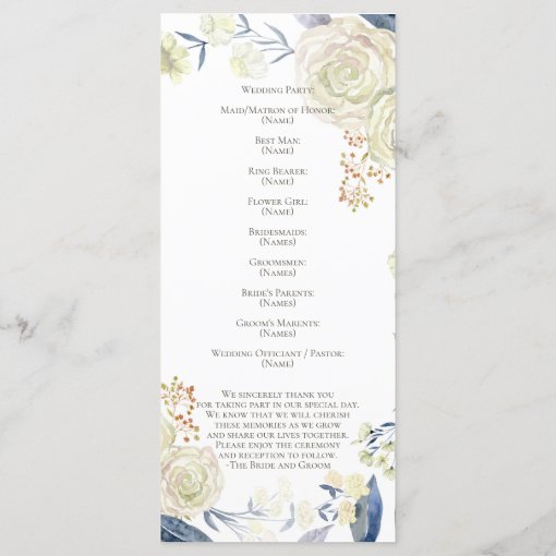Elegant Cream Blue Watercolor Flower Program | Zazzle