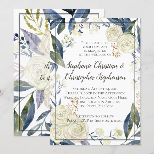 Elegant Cream Blue Watercolor Flower Wedding Invitation | Zazzle