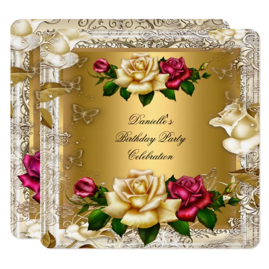 Elegant Cream Gold Pink Red Roses Birthday Party Invitation | Zazzle.com