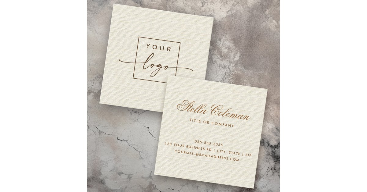 Elegant cream ivory linen look custom logo square business card | Zazzle