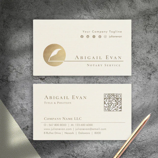 Elegant Creamy White and Gold Feather Logo Notary Business Card | Zazzle