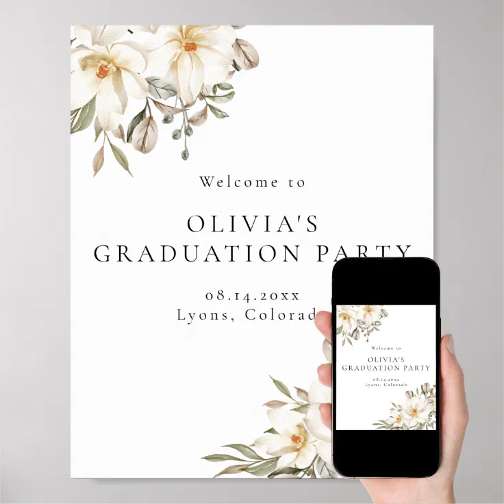 Elegant Creamy White Floral Graduation Welcome Poster | Zazzle