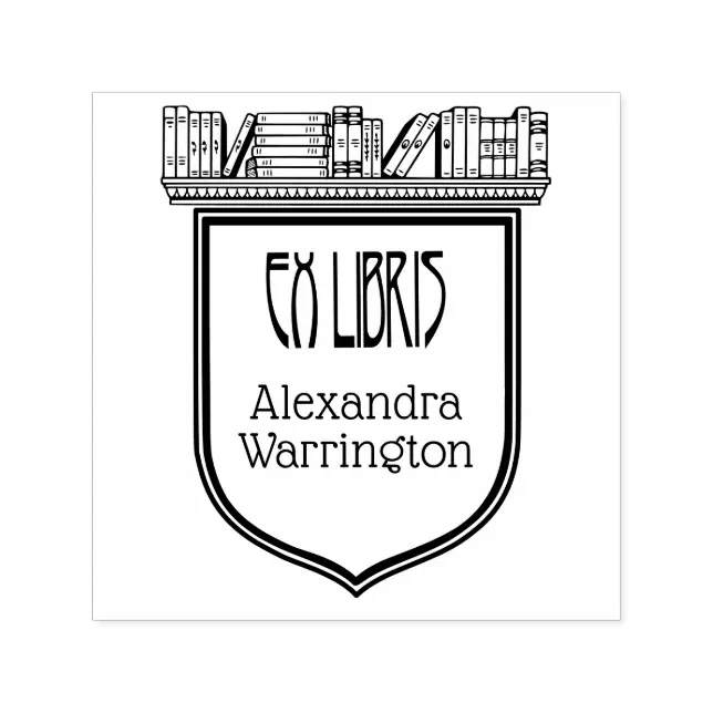 Elegant Crest Bookshelf Ex Libris Book Name Self-inking Stamp | Zazzle