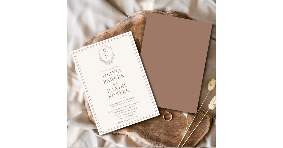 Elegant Crest Mocha Brown Modern Wedding Invitation | Zazzle