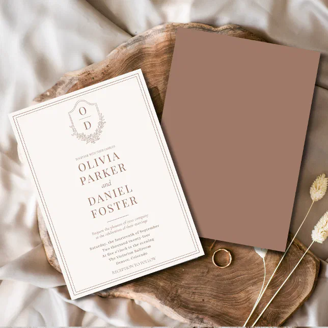 Elegant Crest Mocha Brown Modern Wedding Invitation | Zazzle