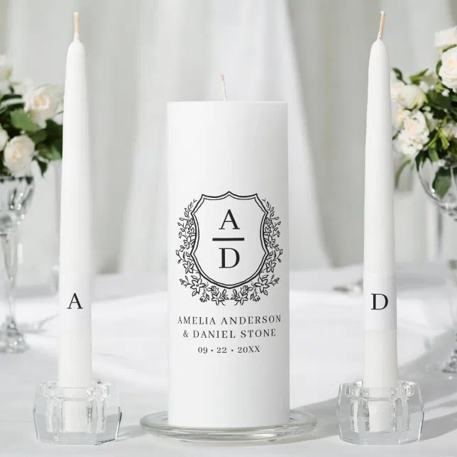 Elegant Crest Modern Monogram Wedding Unity Candle Set | Zazzle