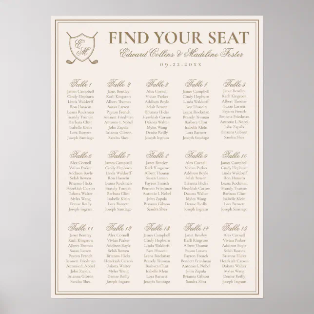 Elegant Crest Monogram Golf Wedding Seating Charts | Zazzle