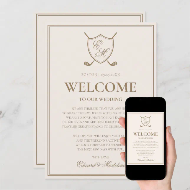 Elegant Crest Monogram Golf Wedding Welcome Note Invitation | Zazzle