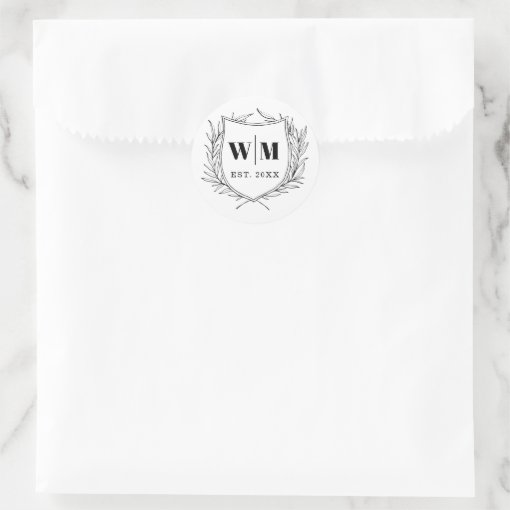 Elegant Crest Monogram Wedding Classic Round Sticker | Zazzle