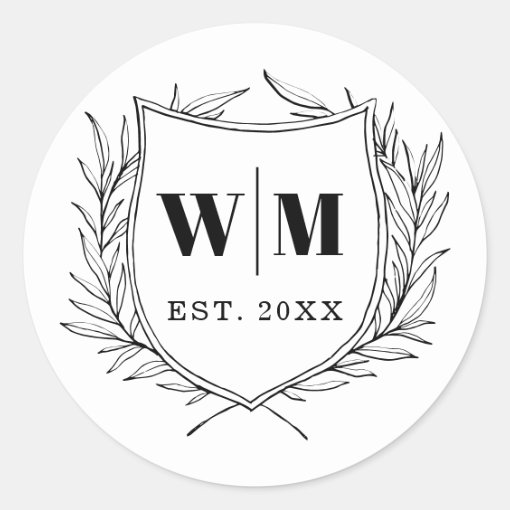 Elegant Crest Monogram Wedding Classic Round Sticker | Zazzle