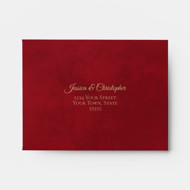 Elegant Crimson Red and Gold Lace Wedding RSVP Envelope | Zazzle
